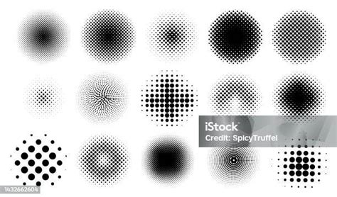 원형 반음 도트 패턴 스프레이 효과가있는 그래픽 그라디언트 그라데이션 라운드 텍스처 기하학적 페이드 포인트 추상적인 모양 만화 단색 요소 세트 벡터 배경 원형에 대한 스톡