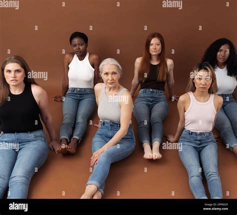 Six Different Females On A Brown Background Group Of Six Women With