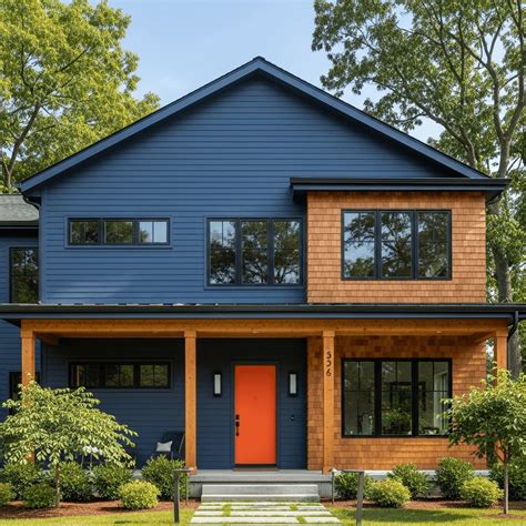 Bold Navy And Orange House With Cedar Siding Exterior