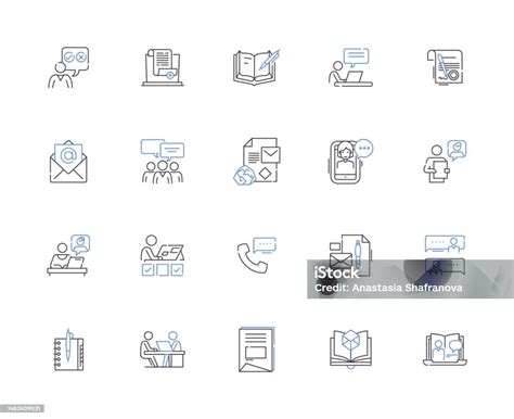 메시징 개요 아이콘 컬렉션입니다 문자 메시지 채팅 메시징 인스턴트 이메일 전송 방송 경고 벡터 및 일러스트레이션 개념 세트 릴레이 통신 선형 표지판 알림 교환에 대한 스톡