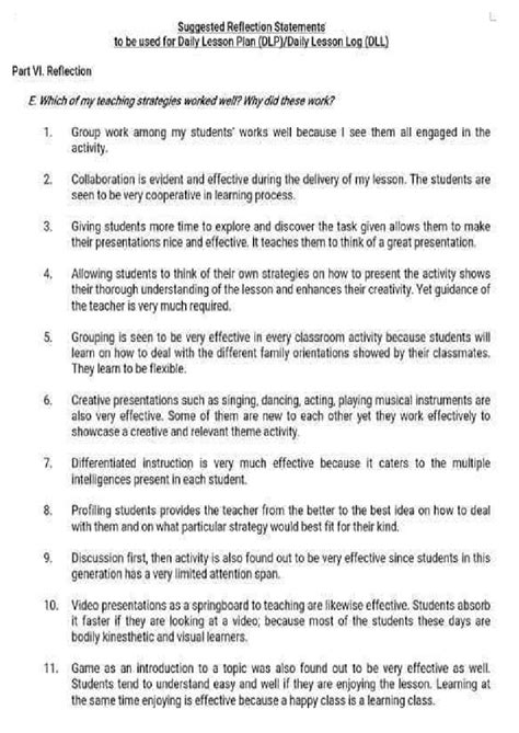 Dll Reflection Sample Fdfgffgf Suggested Reflection Statements To Be Used For Daily Lesson
