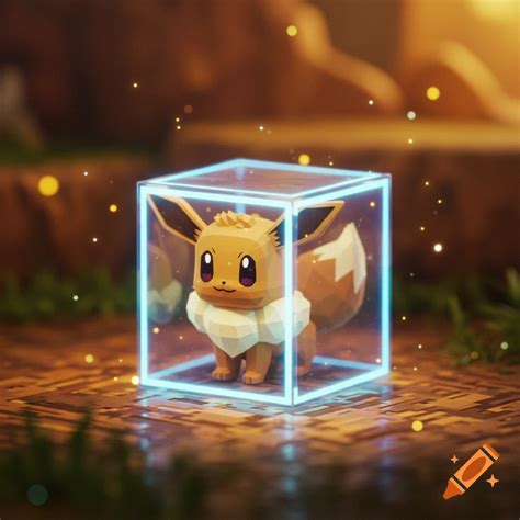 Low Poly Eevee Pokémon In A Glowing Blue Cube Surrounded By Sparkling