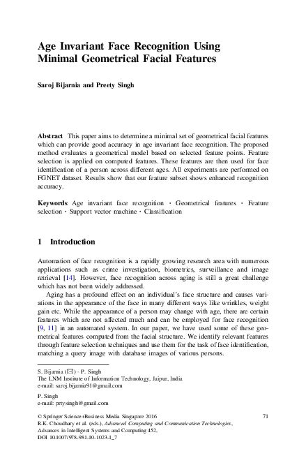 Pdf Age Invariant Face Recognition Using Minimal Geometrical Facial Features