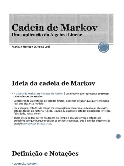 cadeia de markov pdf cadeia de markov matriz matemática