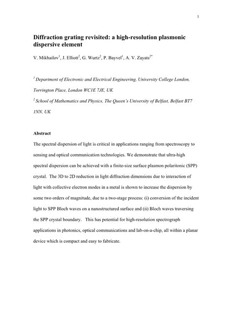 Diffraction Grating Revisited A High Resolution Plasmonic Dispersive