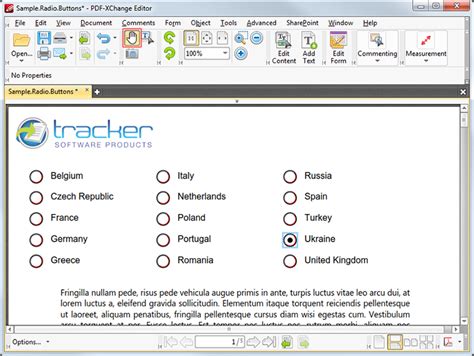 PDF XChange Editor Plus User Manual Tabs Guide View Toolbars Form Toolbar Add Radio