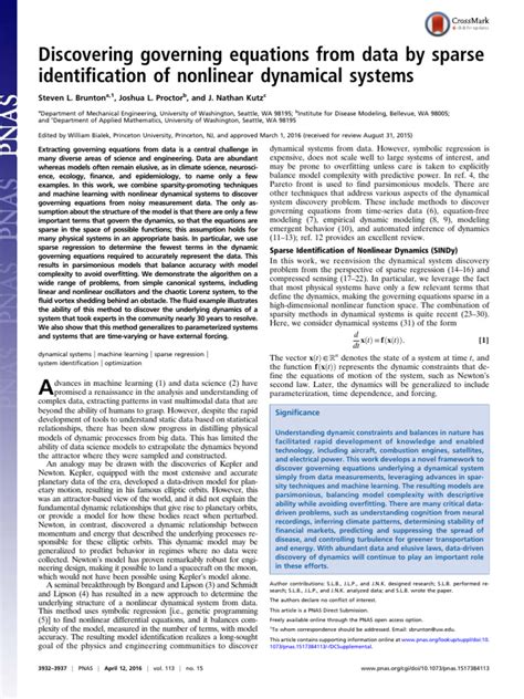 Brunton Et Al Discovering Governing Equations From Data By Sparse Identification Of Nonlinear