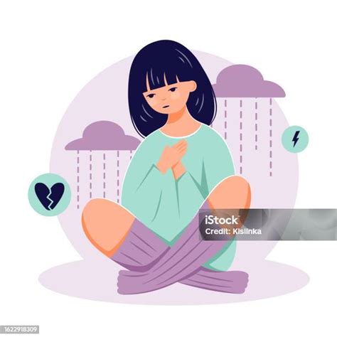 우울증 개념입니다 정신 질환 여성 플랫 캐릭터 벡터 일러스트레이션 가공의 인물에 대한 스톡 벡터 아트 및 기타 이미지 가공의