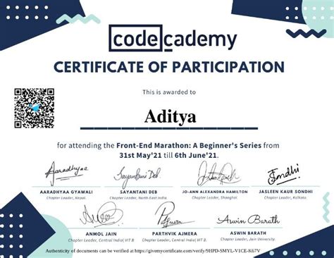 Givemycertificate Codecademy Certificate Frontend Aditya Shanmukha