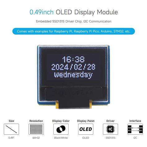 Waveshare 0 49inch Oled Display Module 64x32 Resolution I2c Communication Black White Display