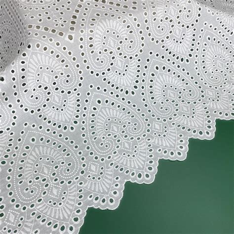 Retro Style Scalloped Cotton Eyelet Fabric In Off White Beige For