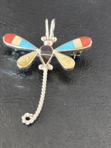Zuni Turquoise And Yellow Mother Of Pearl Inlay Dragonfly Silver Pin