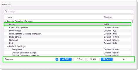 keyboard shortcuts customization devolutions documentation