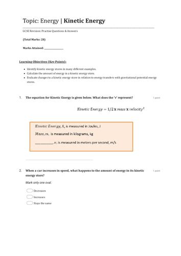 Gcse Igcse Physics Kinetic Energy Self Assessment Questions And Answers [2023] Teaching Resources