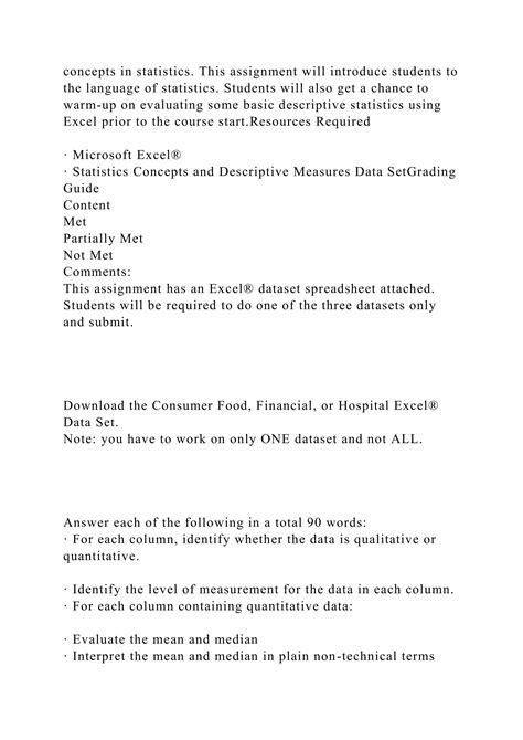 Statistics Concepts And Descriptive Measures Grading Guide Docx