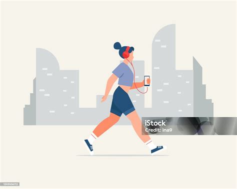 헤드폰으로 밖으로 걸어가는 젊은 여성 캐릭터 도시 배경에서 음악을 듣고 벡터 일러스트 만화 플랫 스타일 야외에 대한 스톡 벡터 아트 및 기타 이미지 Istock