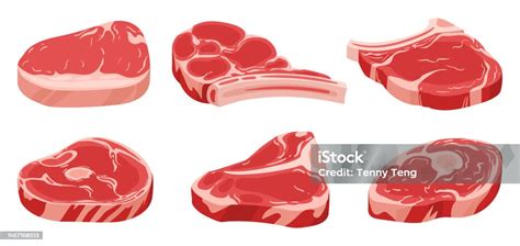 만화 생고기 스테이크 돼지고기 또는 붉은 쇠고기 스테이크 흰색 배경에 신선한 원시 필레 평면 벡터 그림 양고기에 대한 스톡 벡터