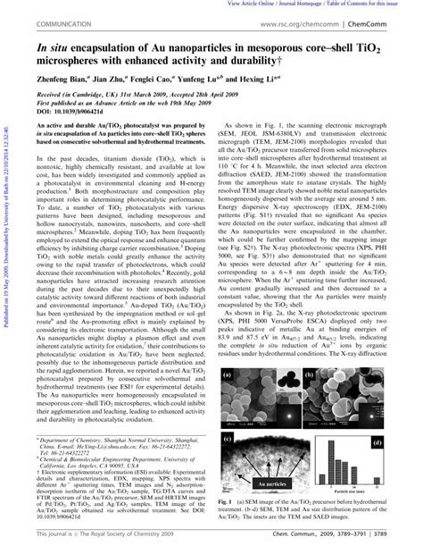 Pdf In Situ Encapsulation Of Au Nanoparticles In Mesoporous Core Shell Tio2 Microspheres With