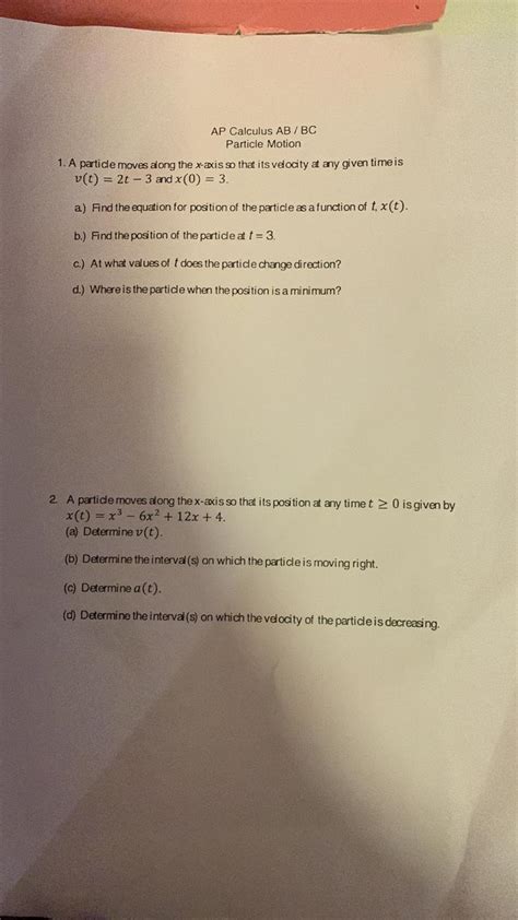 Solved AP Calculus AB BC Particle Motion 1 A Particle Chegg Com