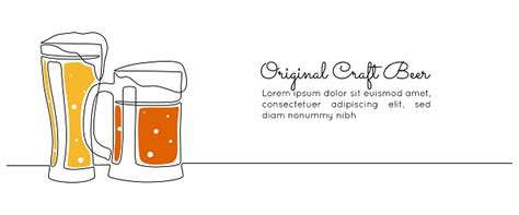 거품이있는 두 개의 맥주 잔의 연속 한 줄 그리기 메뉴를위한 바 및 펍 개념을위한 간단한 선형 스타일의 음료 알코올 에일을