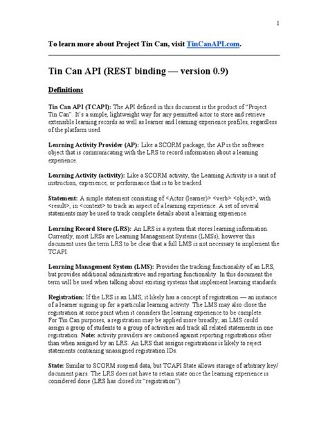 Tin Can Api Rest Binding Version 0 9 To Learn More About Project Tin Can Visit Pdf