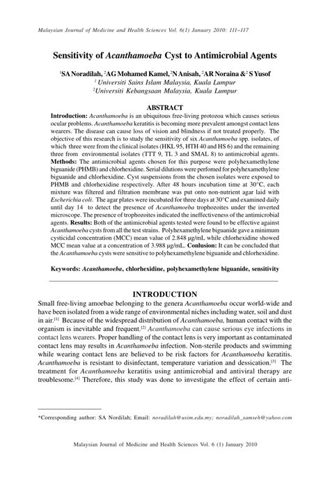 Pdf Sensitivity Of Acanthamoeba Cyst To Antimicrobial Agents