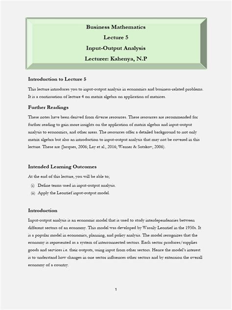 Business Mathematics Week 5 Input Output Analysis Pdf Input