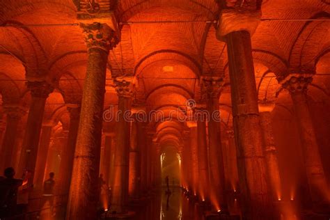 The Basilica Cistern Turquoise And Red Light Ambient In Basilica