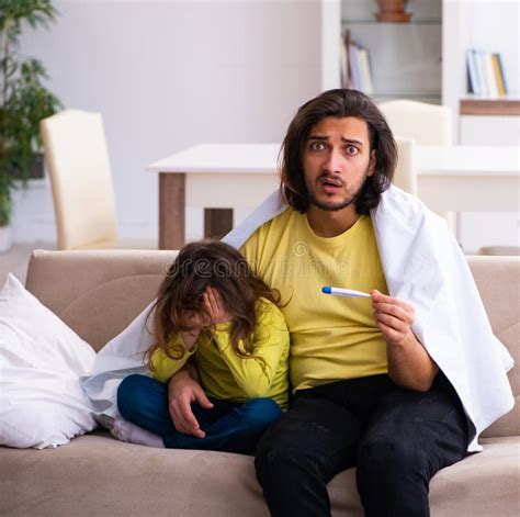 Small Girl Looking After Her Sick Father Stock Image Image Of Cute