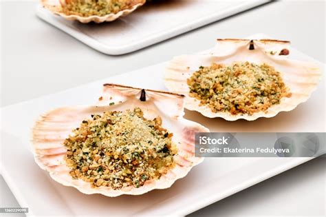 밝은 회색 배경에 흰색 접시에 쉘에 가리비를 백업 흰색 접시에 가리반 오 그라탕 지중해 해산물 신선한 조개 아퀴텍텐 오퍼라니스 페텐 야코비우스 가리비에 대한 스톡 사진 및