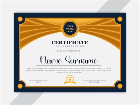 파란색과 금색 인증서와 노란색 경계 인증서 템플릿 디자인 프리미엄 벡터
