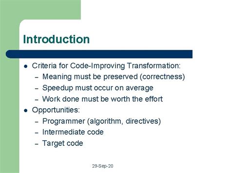Code Optimization Introduction L L Criteria For Codeimproving