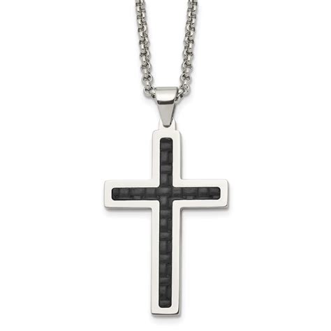 Stainless Steel Chisel Polished And Textured Black Leather Inlay Cross