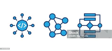 알고리즘 아이콘이 설정되었습니다 앱 및 웹 사이트에 대한 기술 정보 아이콘 기호입니다 벡터 그림 군정 전개에 대한 스톡 벡터