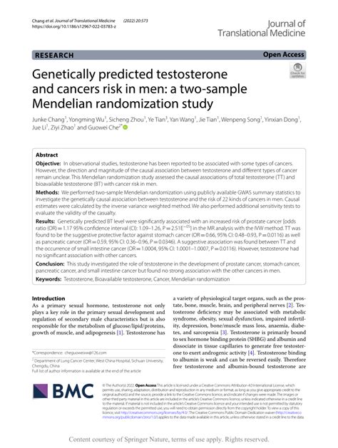 Pdf Genetically Predicted Testosterone And Cancers Risk In Men A Two
