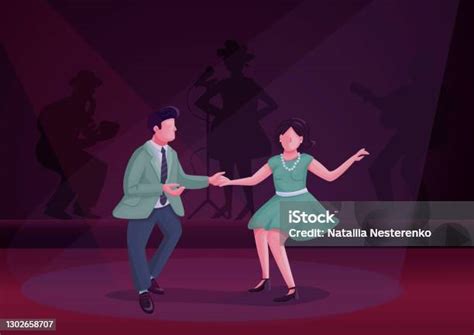 남자와 여자 댄스 트위스트 플랫 컬러 벡터 일러스트 무대 2d 만화 캐릭터에 스윙 댄스 공연 빈티지 부흥 파티에서 관객 그림자가 배경에 있는 커플 1950 1959 년에
