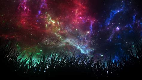 Magical Starry Sky By Night View From A Grass Field Loop Nature
