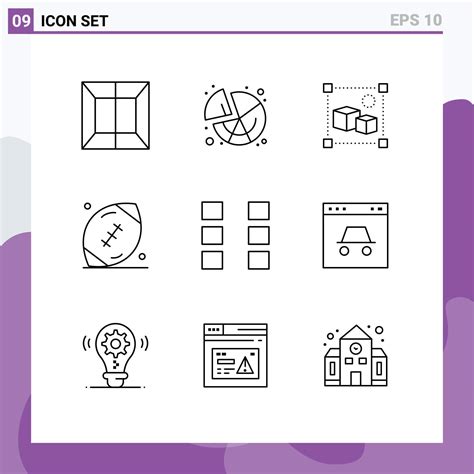 mobile interface outline set of 9 pictograms of ui rugby file game ball