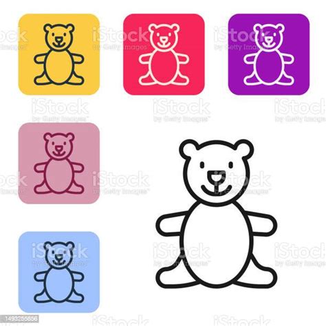 검은 줄 테디 베어 봉제 인형 아이콘 흰색 배경에 고립 색상 정사각형 단추로 아이콘을 설정합니다 벡터 가공의 인물에 대한 스톡 벡터 아트 및 기타 이미지 Istock