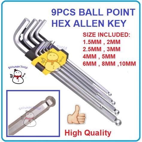 High Quality 9pcs Ball Point End Hex Allen Key Set 1 5 10mm Keys Sets Spline Wrench Heavy Duty