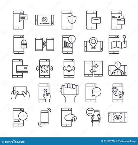 Smartphone Device Technology Digital App And Conection Thin Line Style Design Icons Set Stock