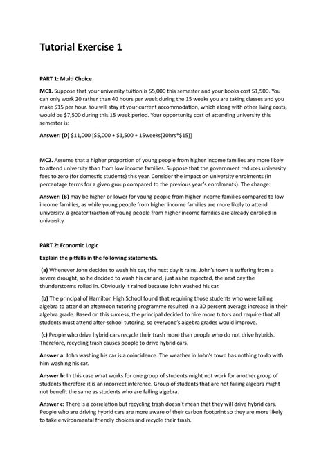 Tutorial Exercise 1 Econ130 Tutorial Exercise 1 Part 1 Multi Choice