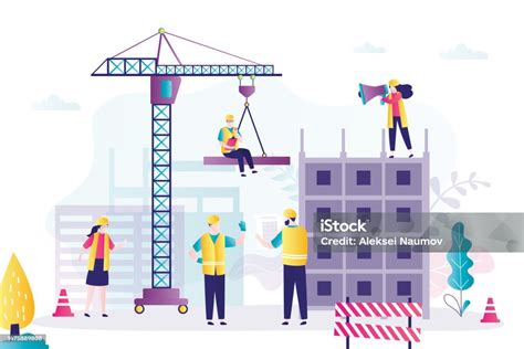 건설 현장 타워 크레인이 집을 짓습니다 건축 및 건설 과정 제복을 입은 노동자와 건설 현장의 엔지니어 그룹 팀워크 개발에 대한