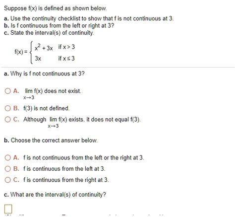 SOLVED Suppose F X Is Defined As Shown Below Use The Continuity Checklist To Show That F Is