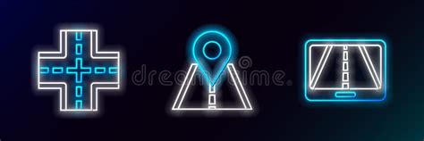 Set Line Infographic Of City Map Navigation Road Traffic Sign And Icon Glowing Neon Vector