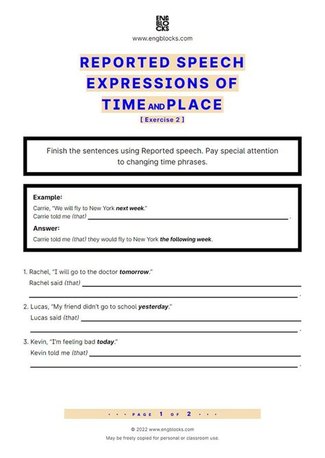 Reported Speech Time And Place Conversion In Sentences Esl Worksheet Reported Speech