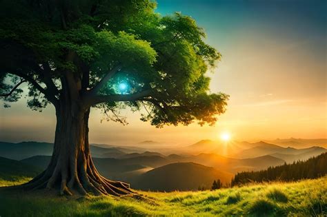 Premium AI Image A Tree In A Field With A Sunset In The Background
