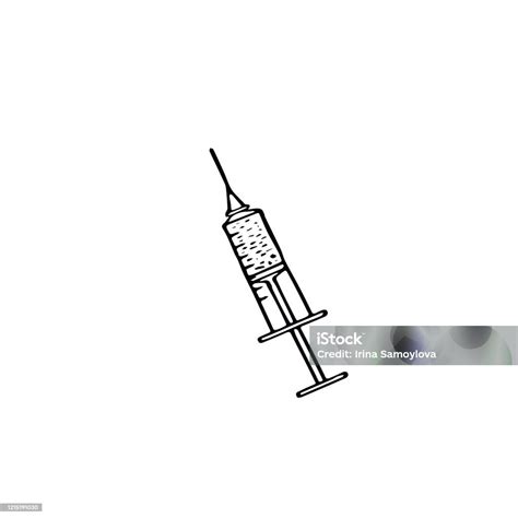 낙서 스칸디나비아 미니멀리즘 스타일로 그려진 바늘 손으로 주사기 단일 요소 아이콘 스티커 포스터 엽서 의학 건강 치료 백신 의학 혈액 검사 주사 0명에 대한 스톡 벡터 아트