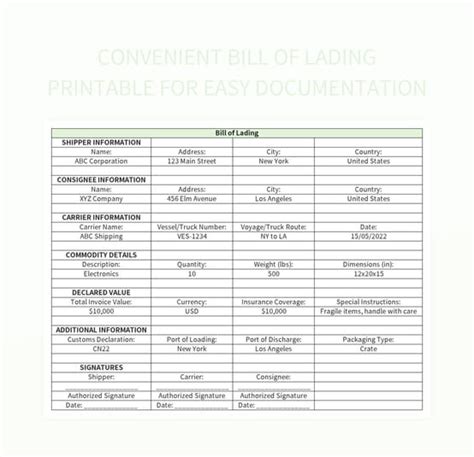Convenient Bill Of Lading Printable For Easy Documentation Excel Template And Google Sheets File
