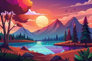 Premium Vector Sunset Lake Landscape Cartoon Vector Illustration Flat
